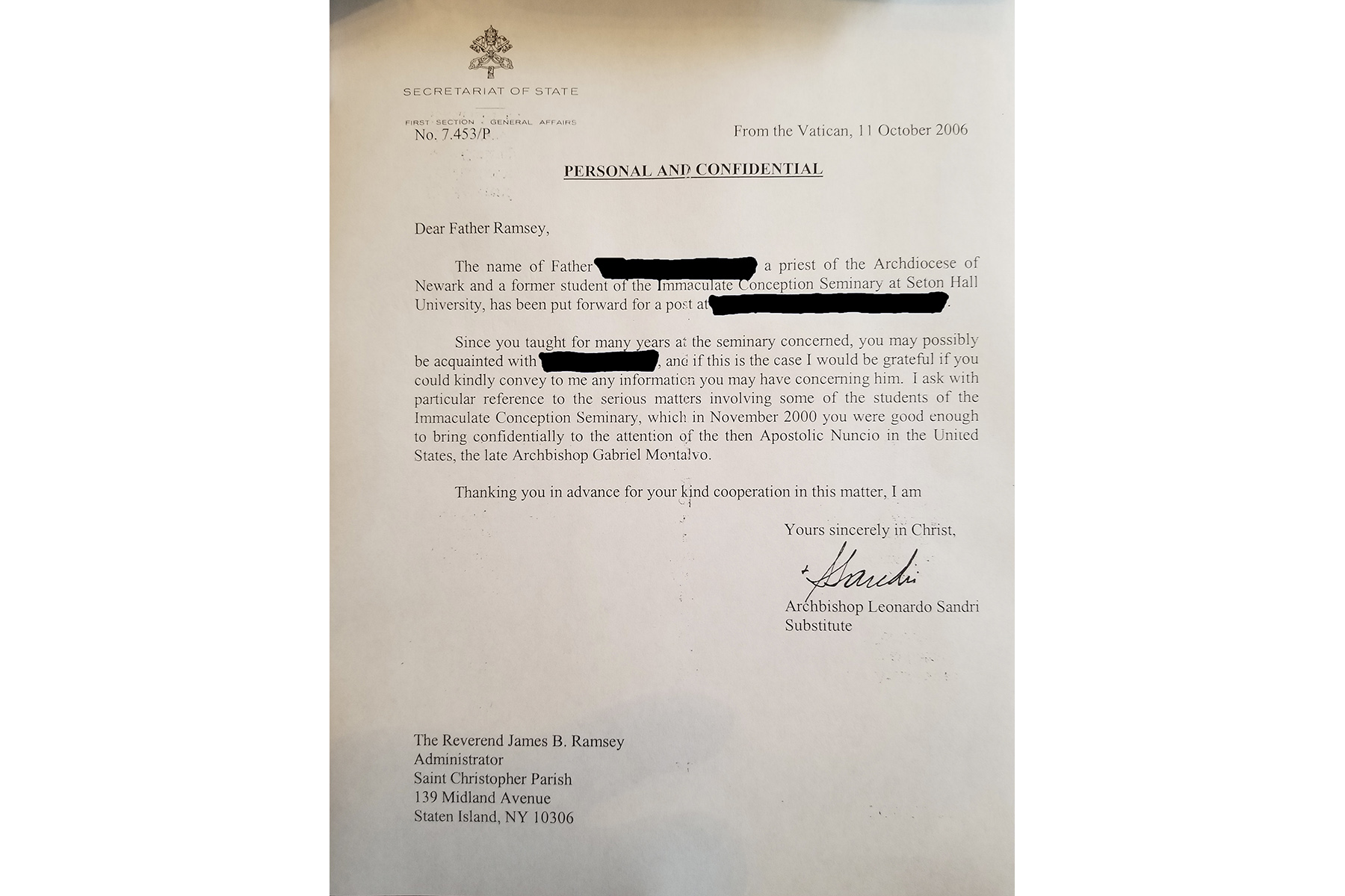 Letter confirms Vatican officials knew of McCarrick allegations in 2000